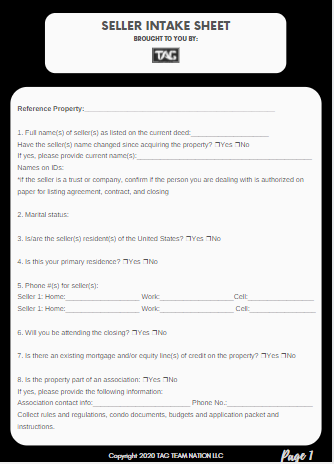 Seller Intake Sheet Ebook by The TAG TEAM